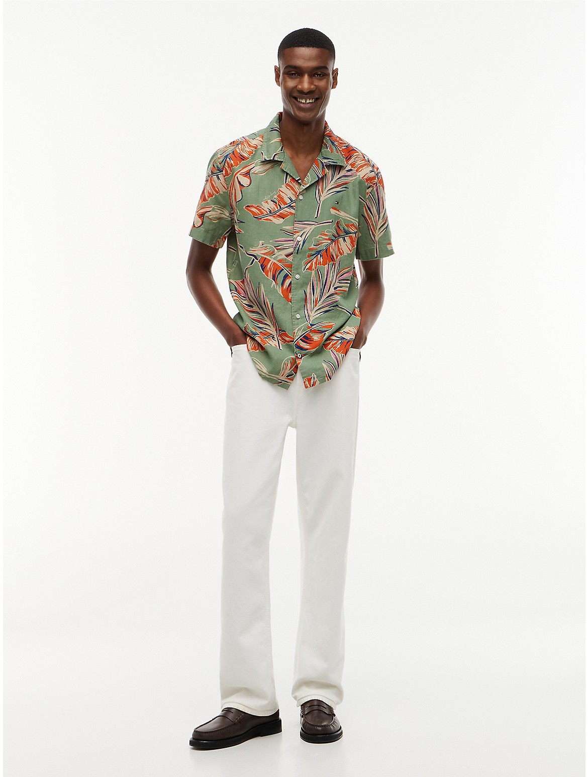 TOMMY HILFIGER men's regular fit leaf linen-blend camp shirt -